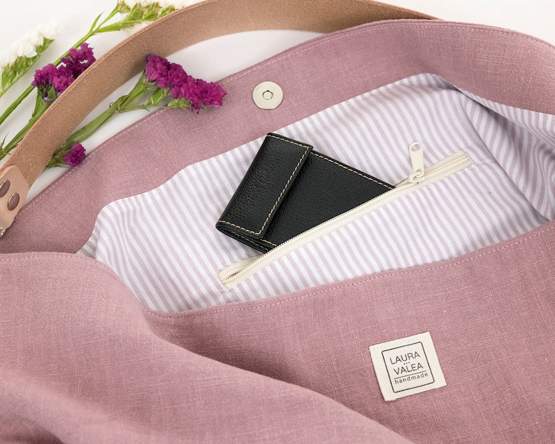 Pink Linen Hobo Handbag. Comfy Shoulder Bag for Woman. Large Purse of ...