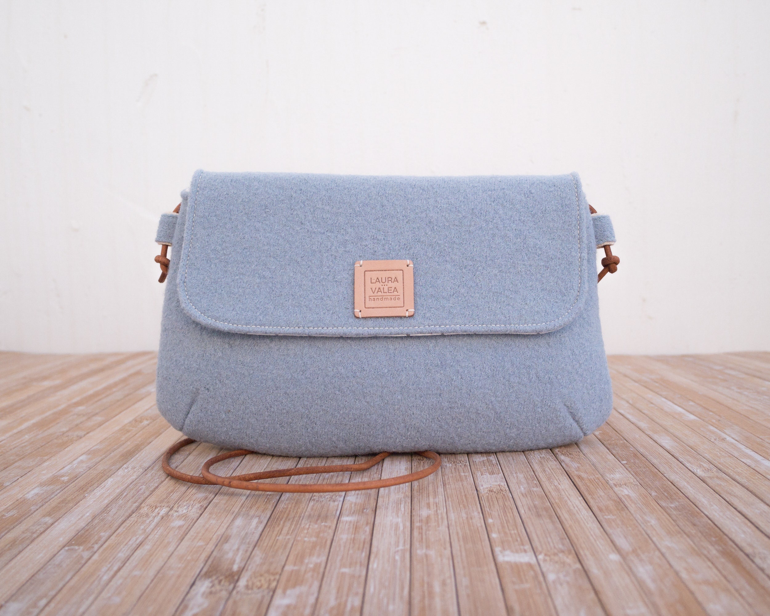 Light Blue Shoulder Bag With Leather Strap. Wool Crossbody Bag | Etsy