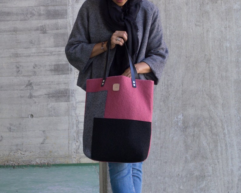 Large wool tote bag with leather handles for everyday woman | Etsy