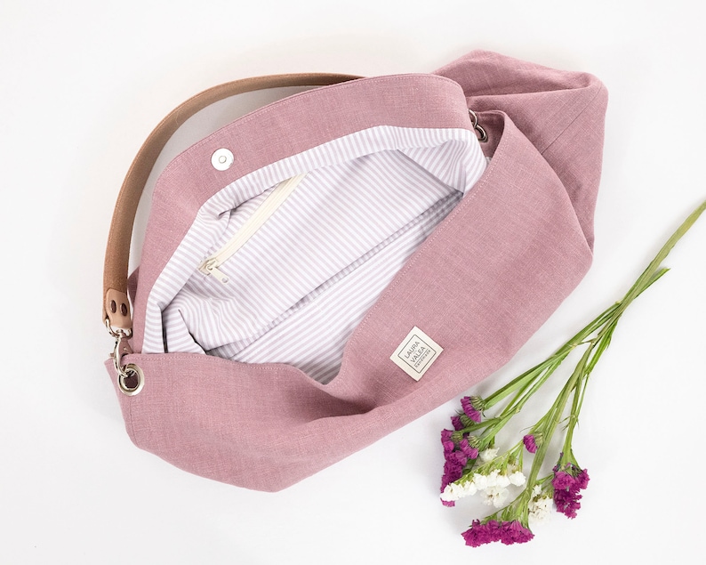 Pink Linen Hobo Handbag. Comfy Shoulder Bag for Woman. Large Purse of ...