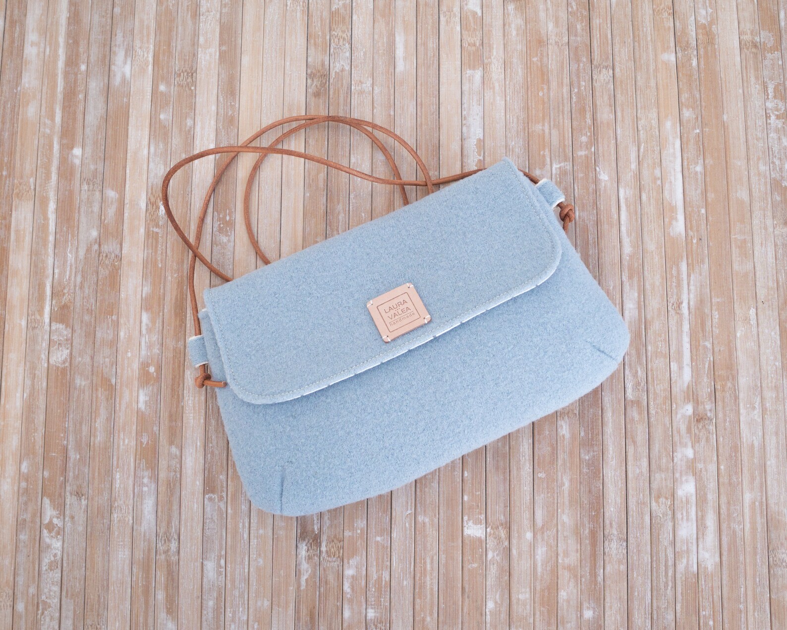 Light Blue Shoulder Bag With Leather Strap. Wool Crossbody Bag | Etsy