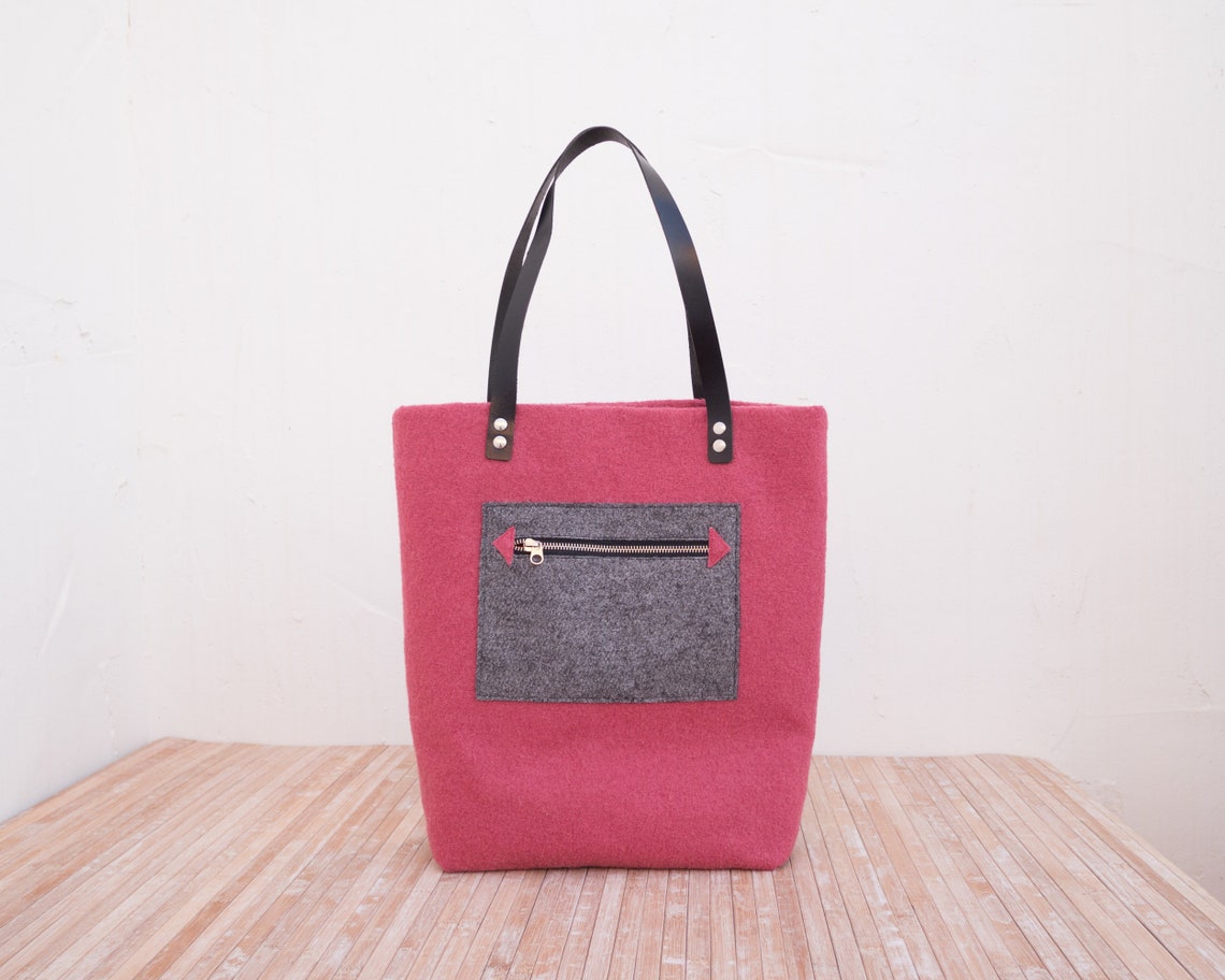 Large wool tote bag with leather handles for everyday woman | Etsy