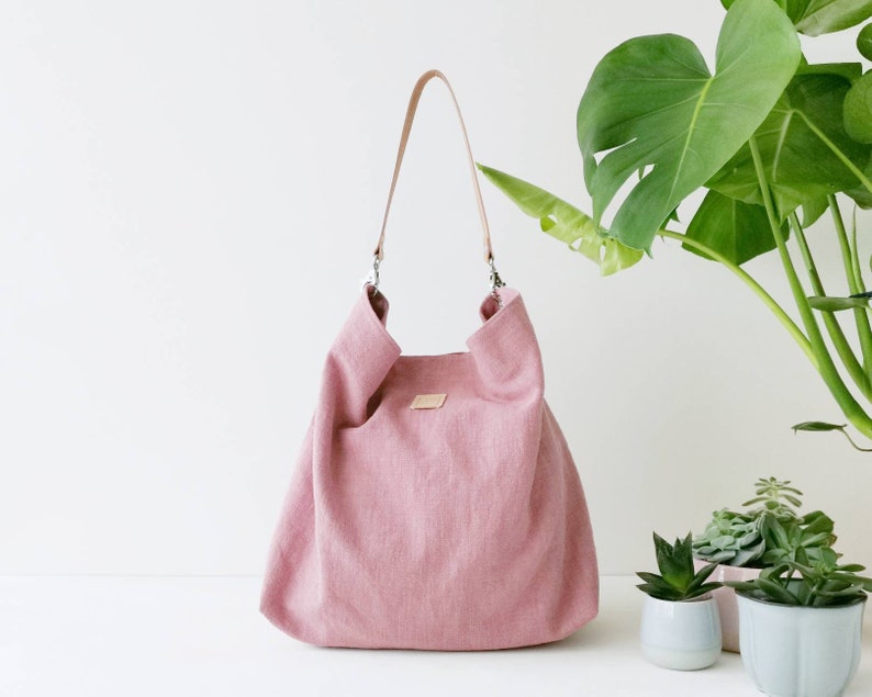 Pink linen hobo handbag. Comfy shoulder bag for woman. Large | Etsy