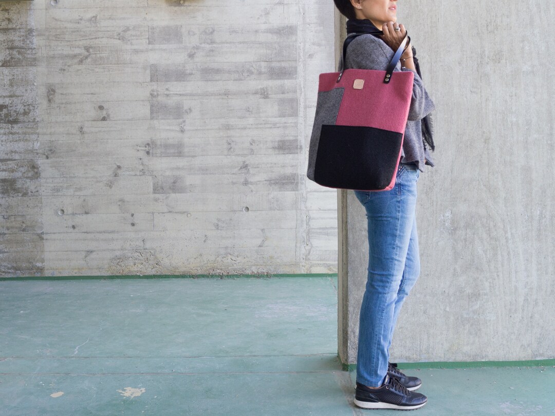 Large Wool Tote Bag With Leather Handles for Everyday Woman Use. - Etsy