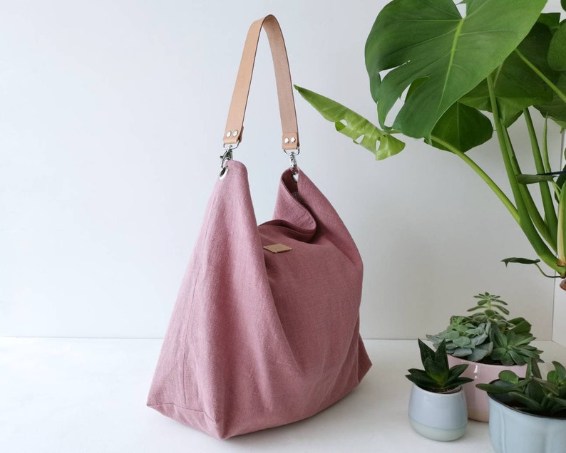 Pink linen hobo handbag. Comfy shoulder bag for woman. Large | Etsy