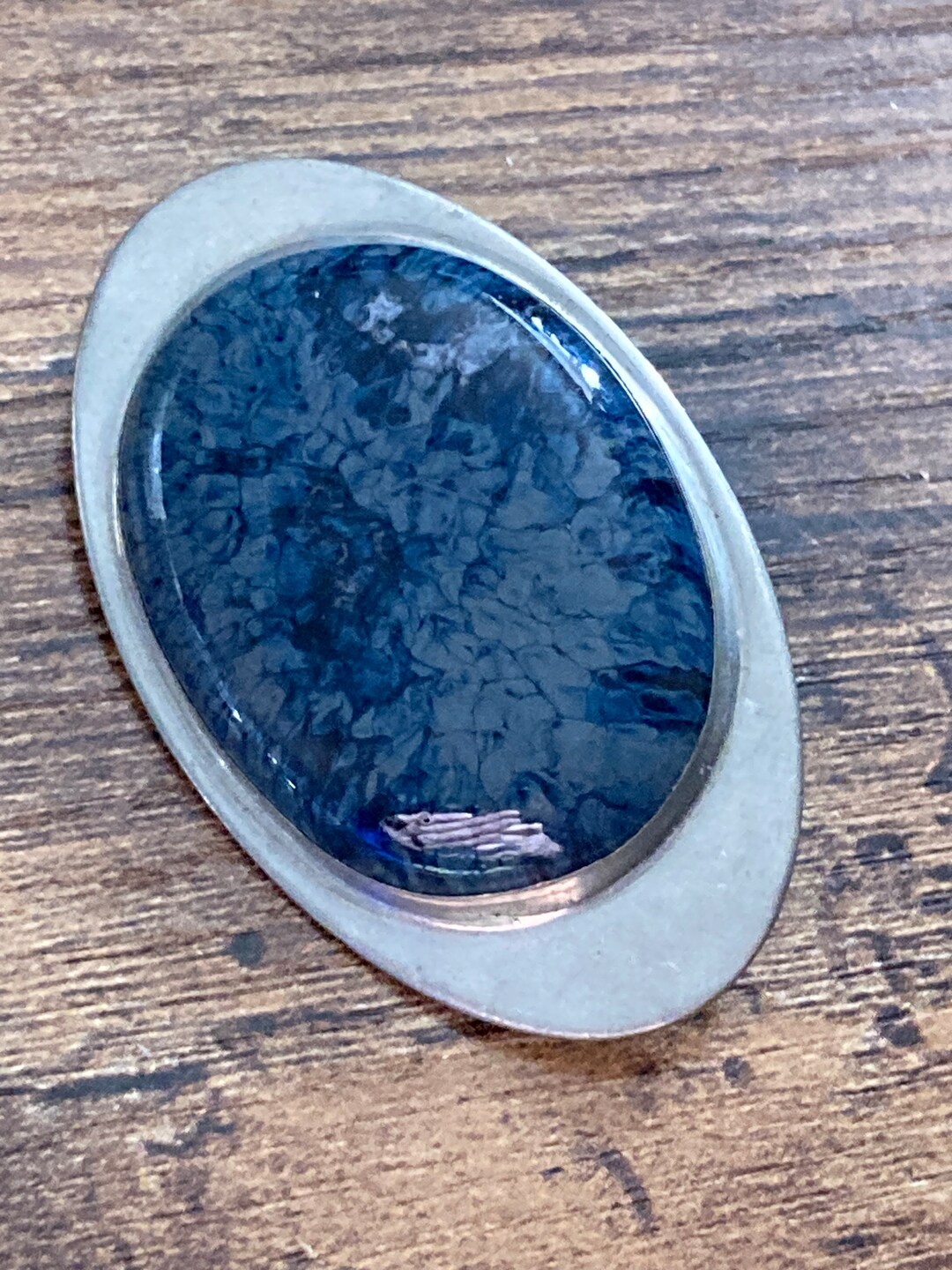 Vintage Simple Modernist Brooch Silver Tone Steel Blue Central Gemstone ...