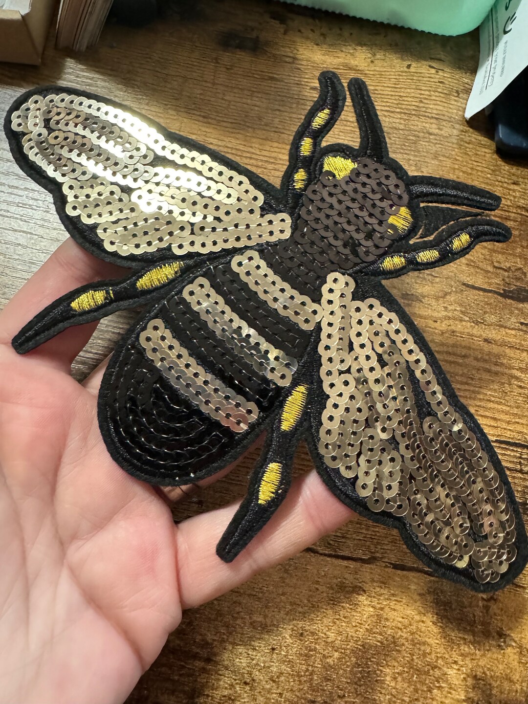 Large Iron on Bumble BEE Patch Black and Gold Appliqué Craft Pre Glued ...