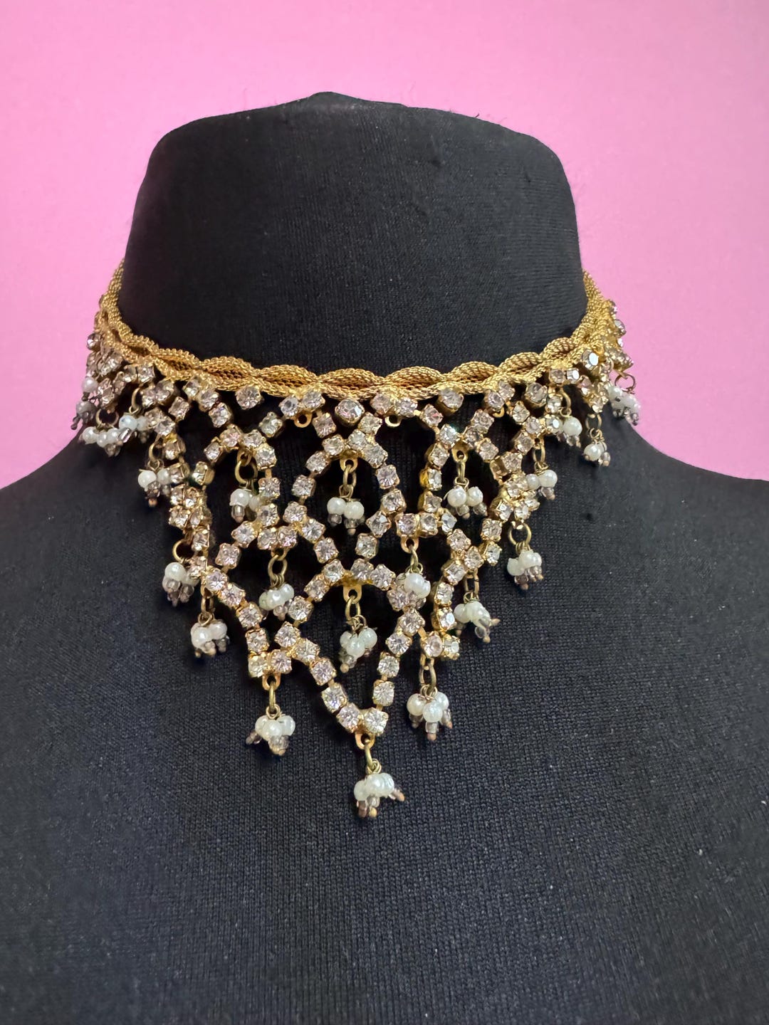 Crystal Gold Mesh Bib Choker Necklace , Clear Rhinestone and Seed Pearl ...