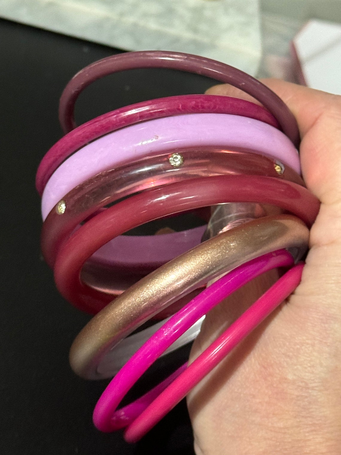Vintage Stack of Pink Purple Plastic Bangles, Retro Acrylic Bracelets ...