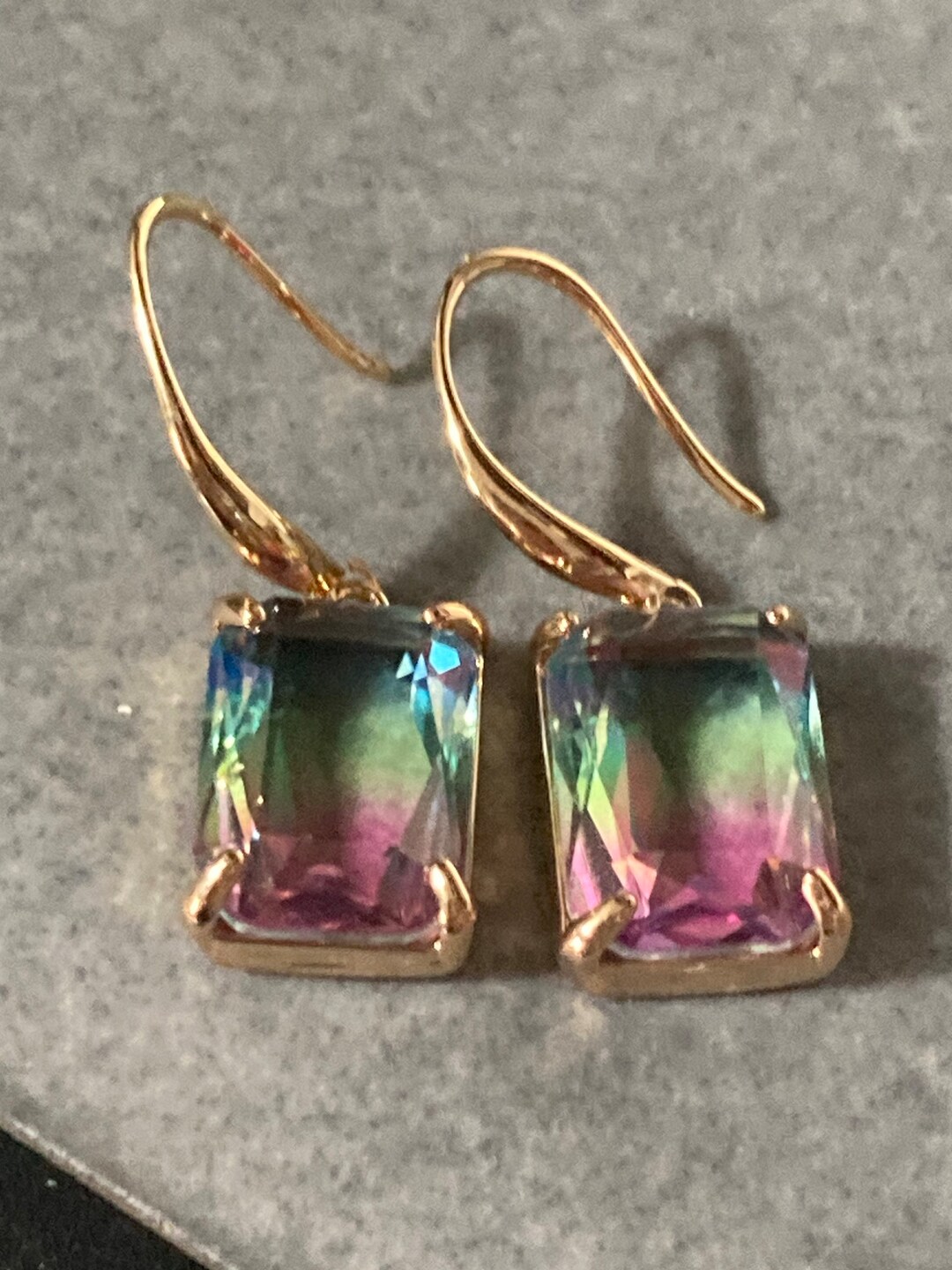Rectangular Iris Glass Crystal Diamanté Earrings for Pierced Ears Gold ...