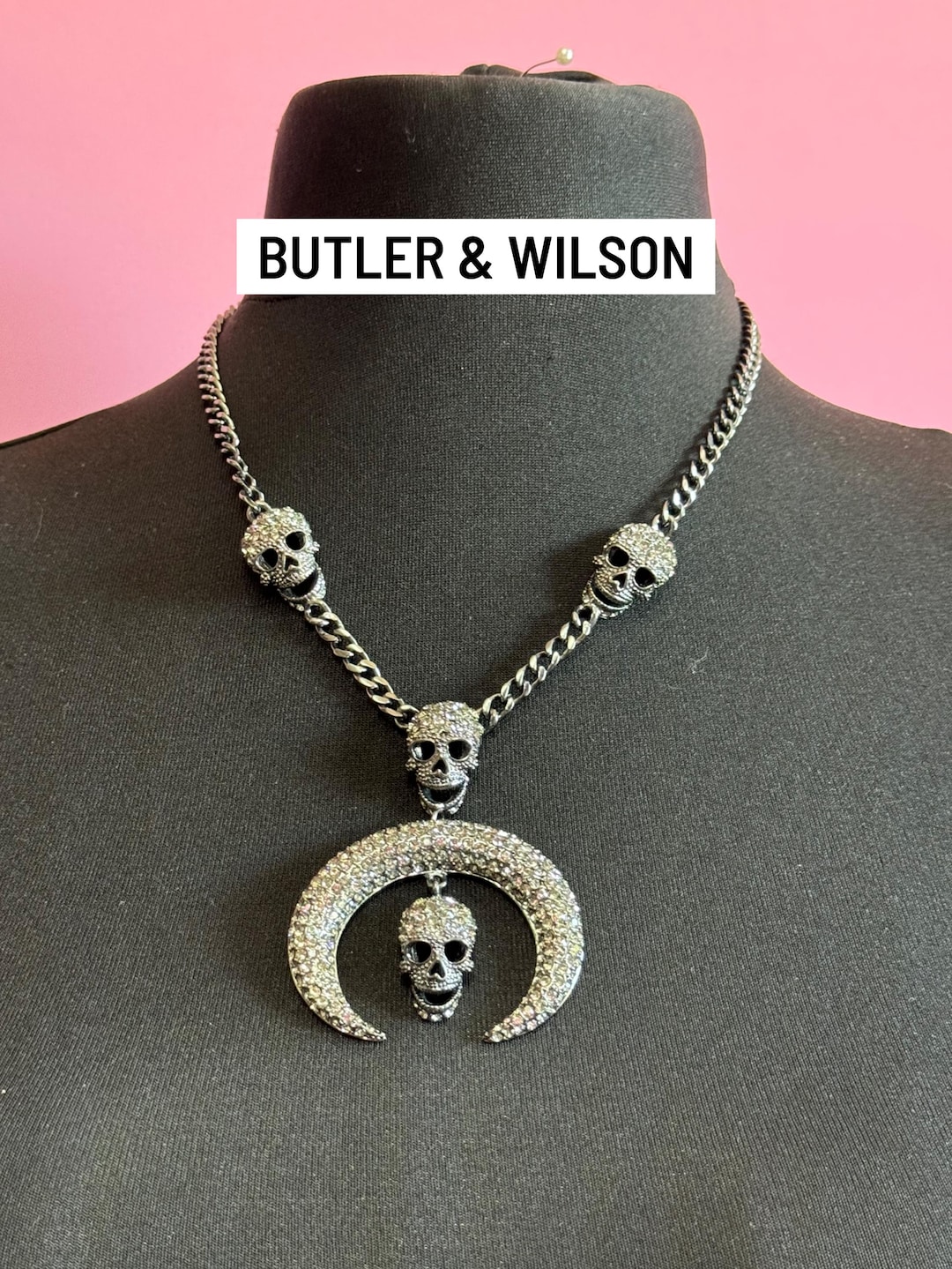Butler and Wilson Long Black Diamanté Skull Necklace Perform for ...