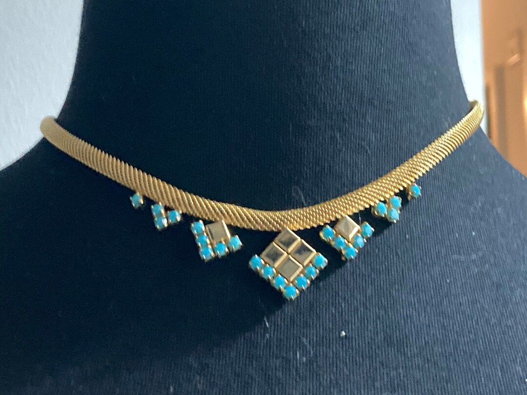 Vintage 1960s Gold Tone Mesh Chain Choker Necklace Turquoise Stones - Etsy