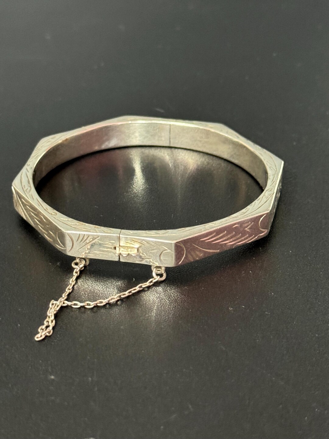Hexagonal Etched Clamper Bangle Stamped 925 for Sterling Silver Floral ...