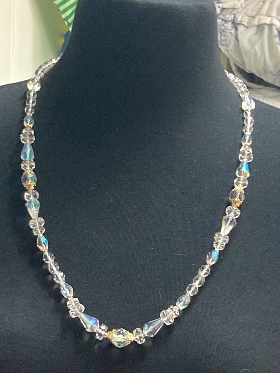 Beaded Clear Diamanté Crystal Necklace, Long Faceted Glass Single ...
