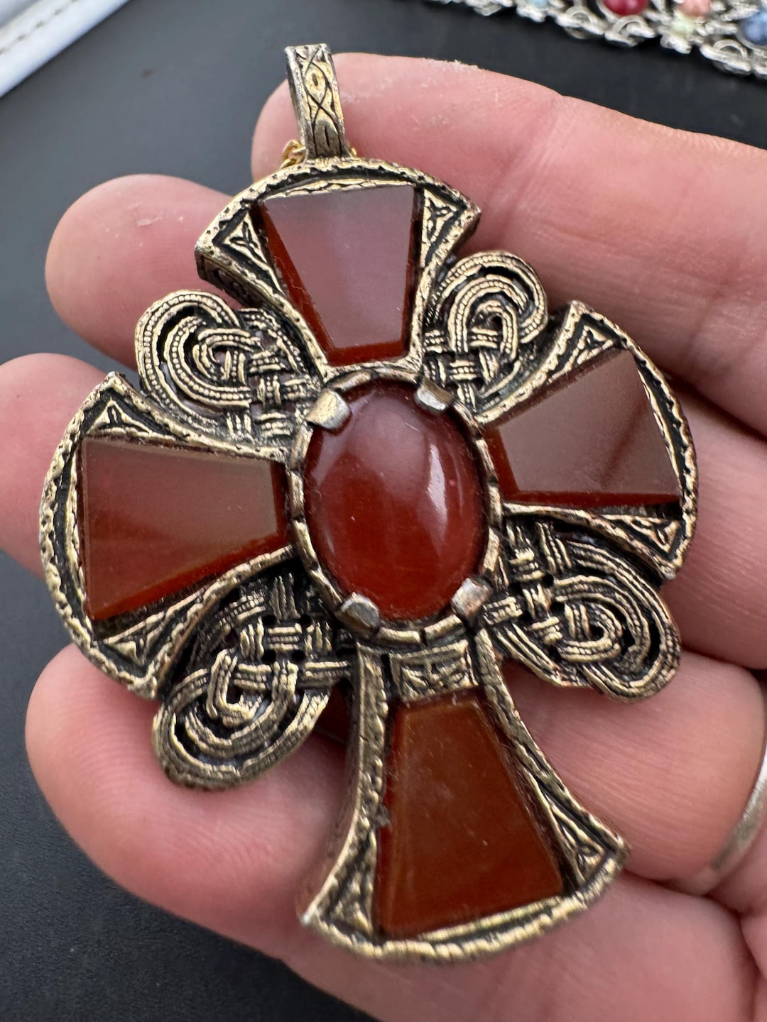 Scottish Celtic Cross Pendant Necklace, Vintage Deep Red Faux Carnelian ...
