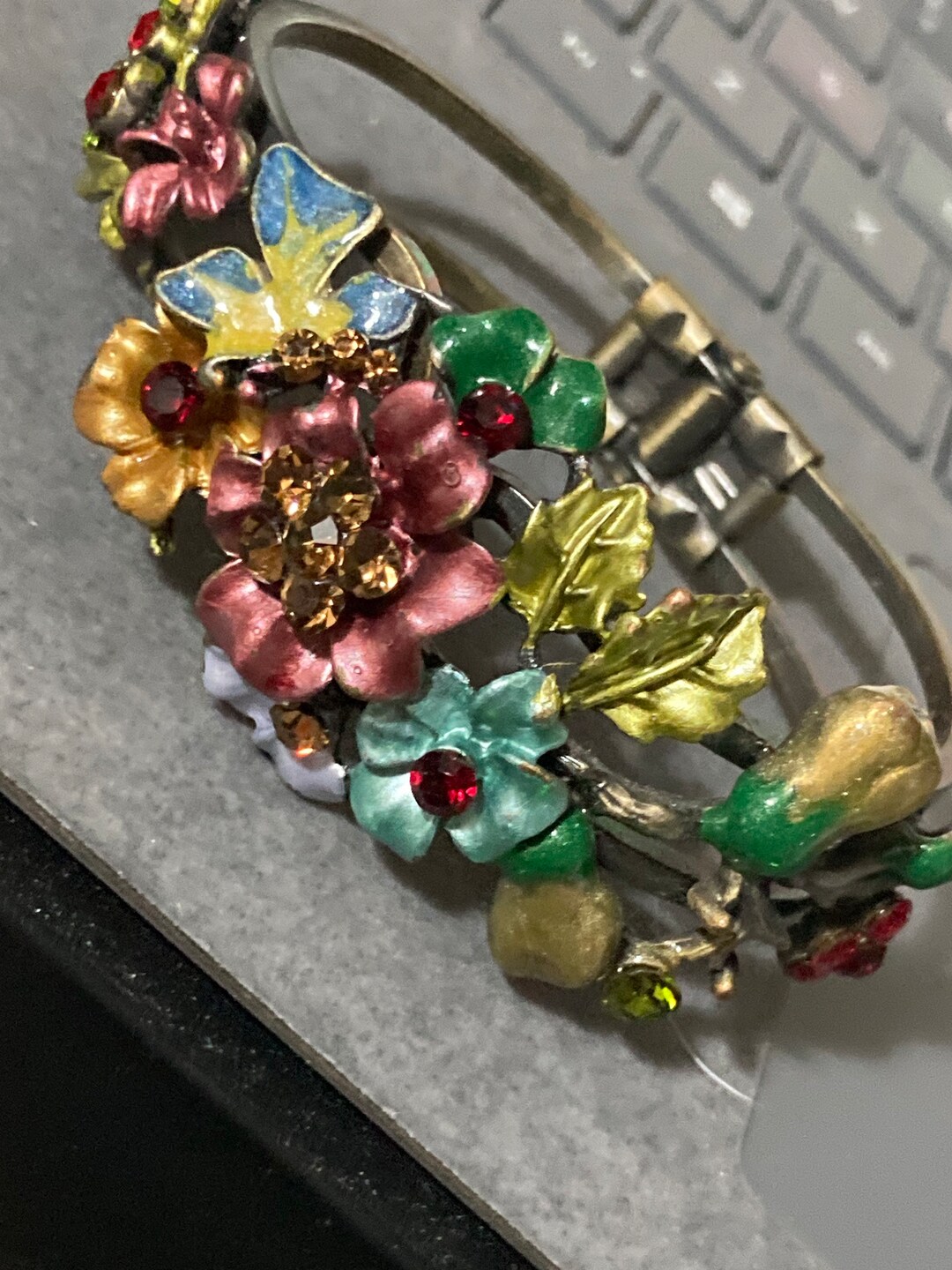 Antique Gold Tone Metal Clamper Bangle With Enamel Flowers and - Etsy