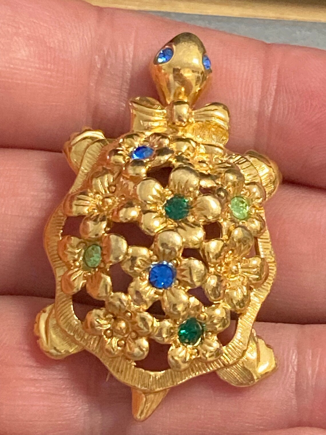 Retro gold tone turtle tortoise brooch rainbow rhinestone | Etsy