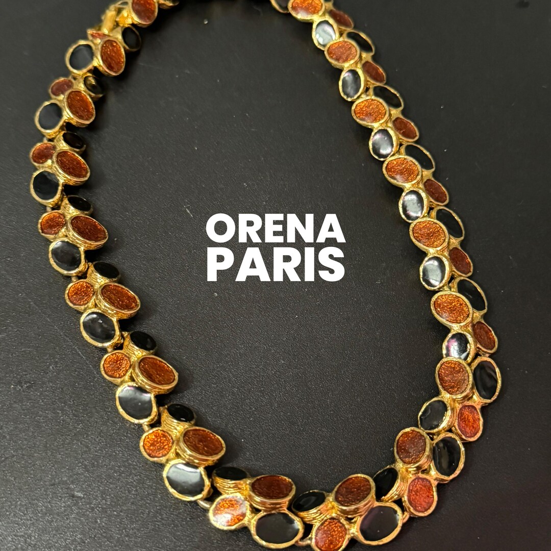 Signed ORENA Paris Designer Vintage Gold Tone Rust Orange and Black Enamel Chain Link Panel Link ...