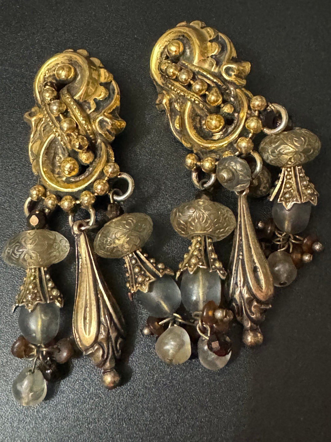 Oversized Etruscan Style 8cm Gold Tone Ornate Metal Grey Clear Acrylic ...