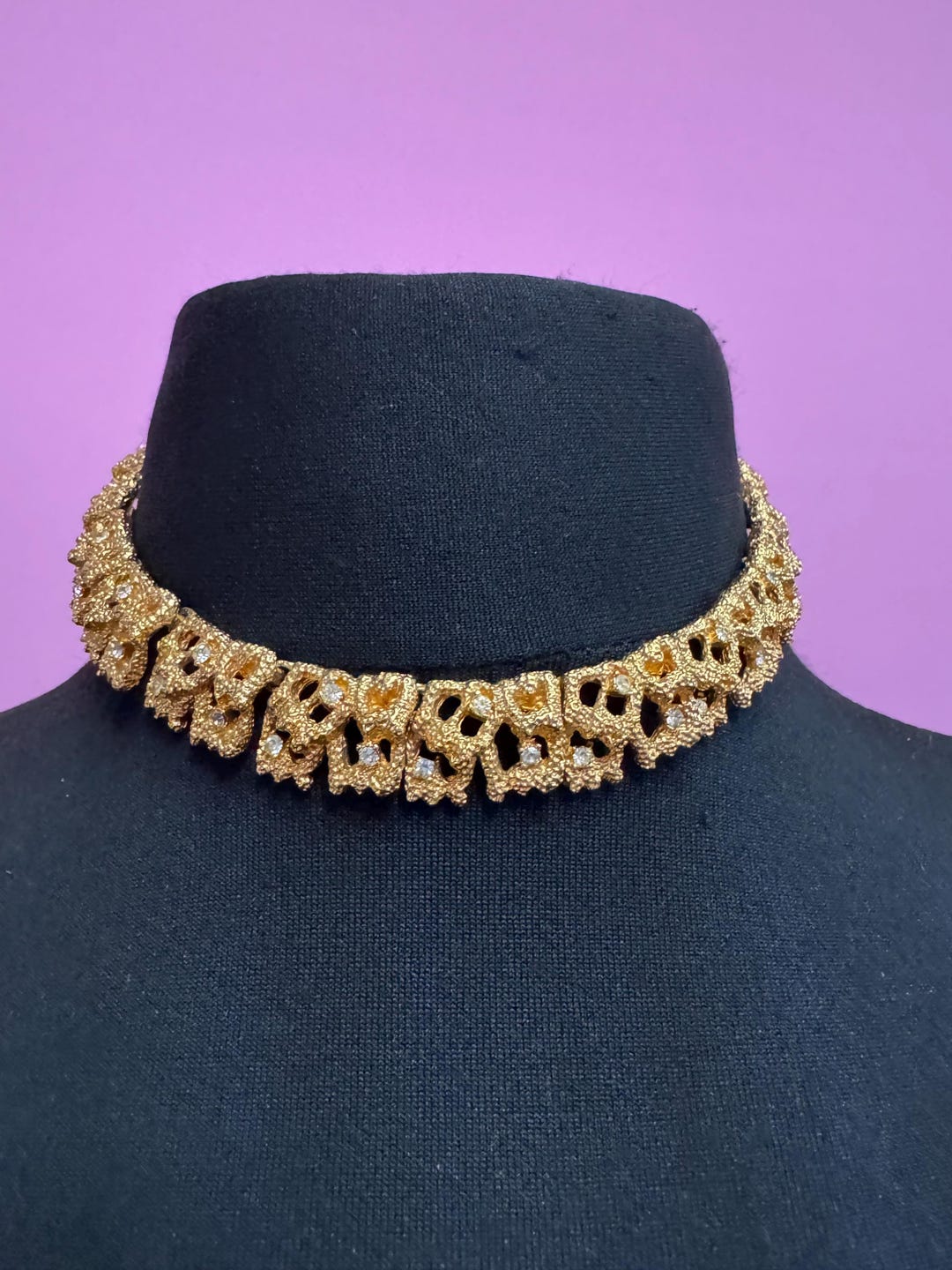 Vintage Wide Panel Link Brutalist Choker Necklace, Gold Tone Set With ...