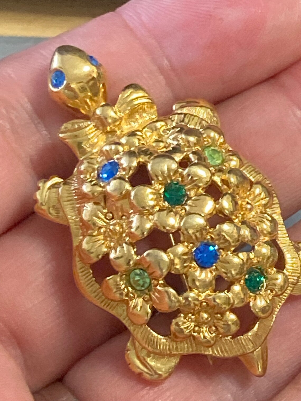 Retro gold tone turtle tortoise brooch rainbow rhinestone | Etsy