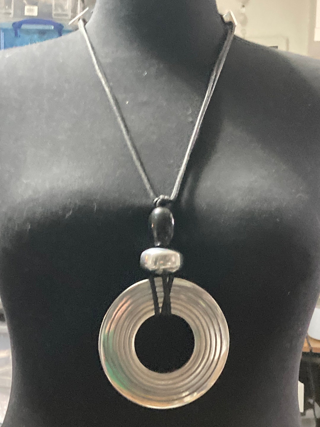 Huge Silver Metal Disc Necklace , Oversized With Black Beads Adjustable ...