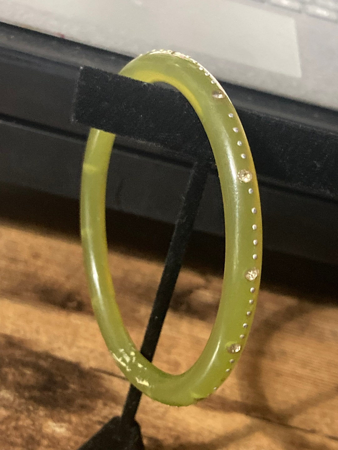 Wide Wrist Art Deco Pique Work Early Plastic Galalith Green Clear ...