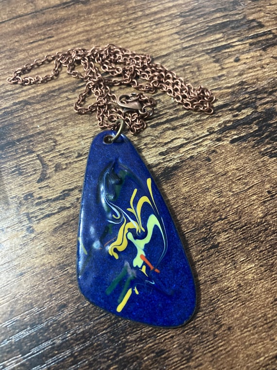 1970s original copper BLUE coloured enamel pendant on… - Gem