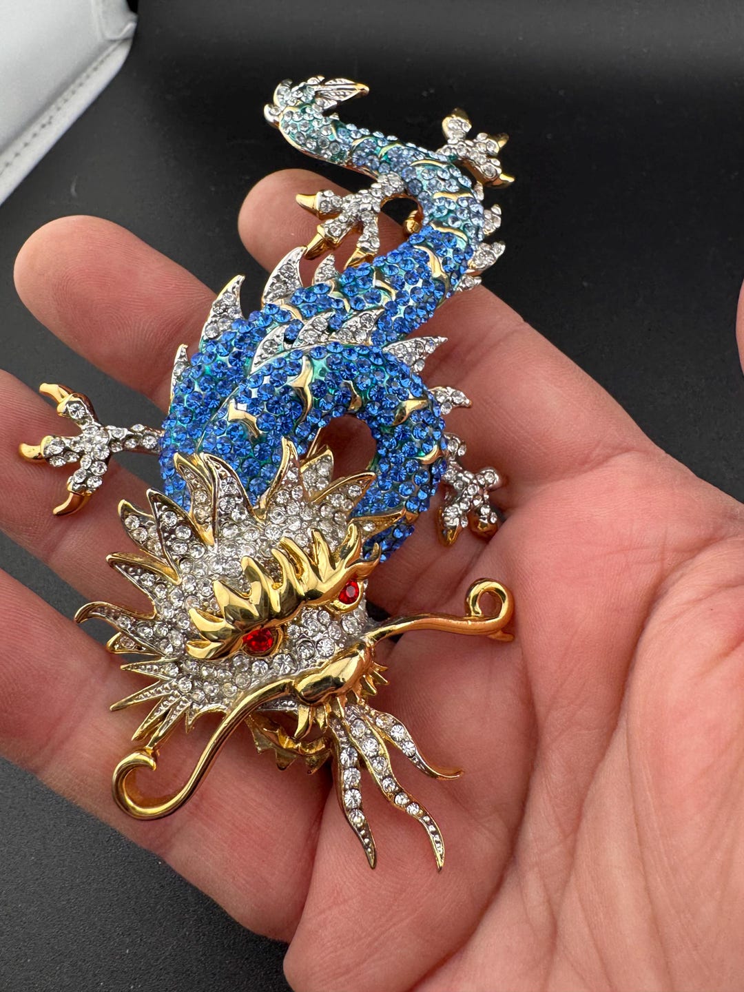 10cm Signed Butler and Wilson Gold Tone Blue Crystal Enamel Dragon ...