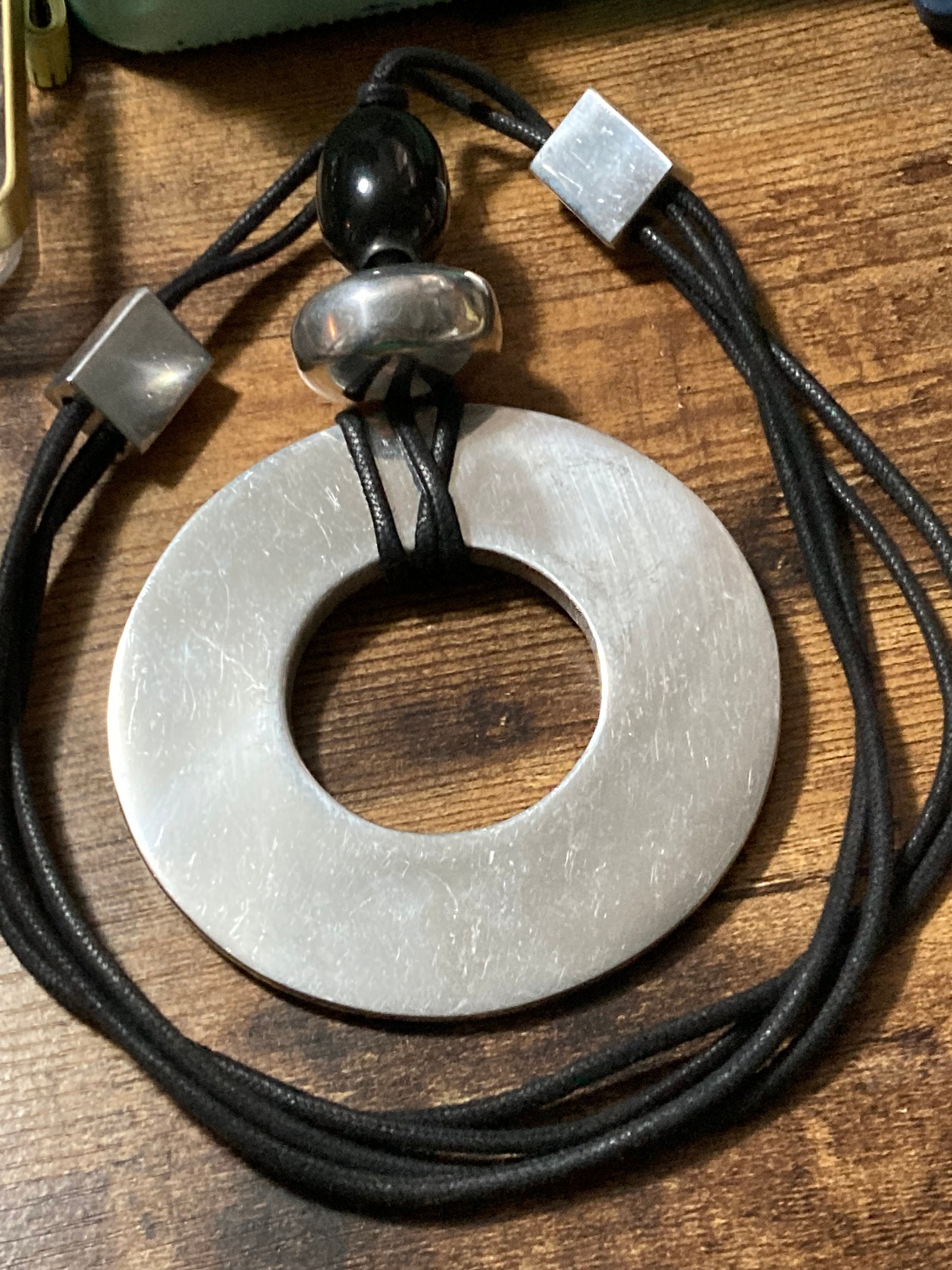 Huge Silver Metal Disc Necklace , Oversized With Black Beads Adjustable ...