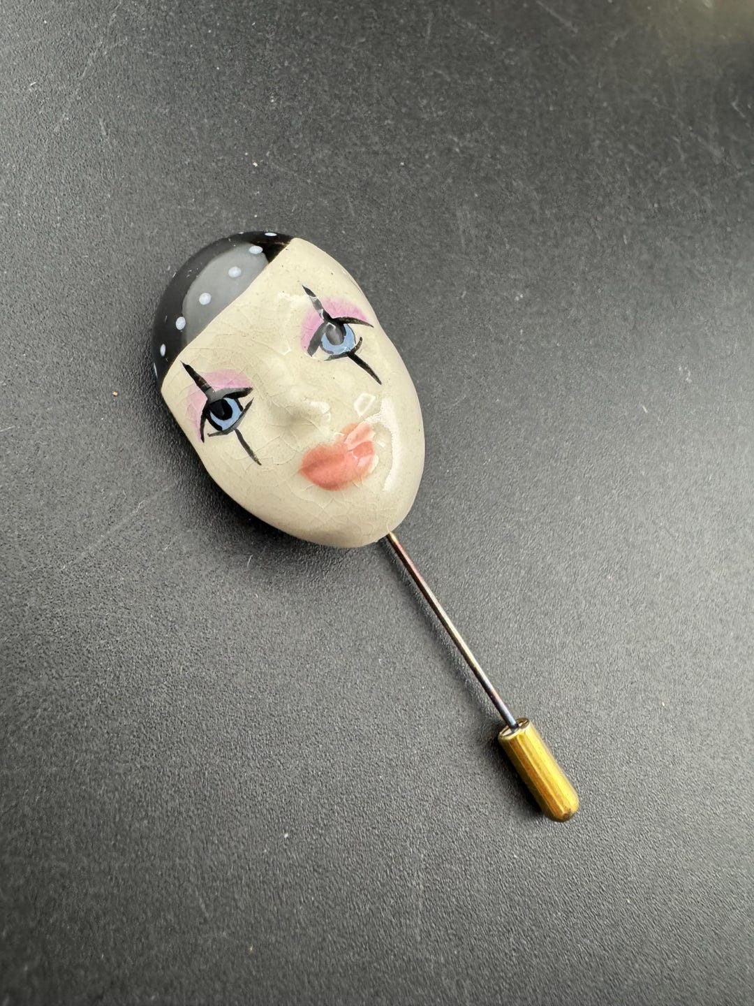 Vintage Signed Ceramic Pierrot Stick Pin Brooch: Art Deco French Clown ...