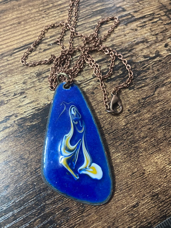 1970s original copper BLUE coloured enamel pendant on… - Gem
