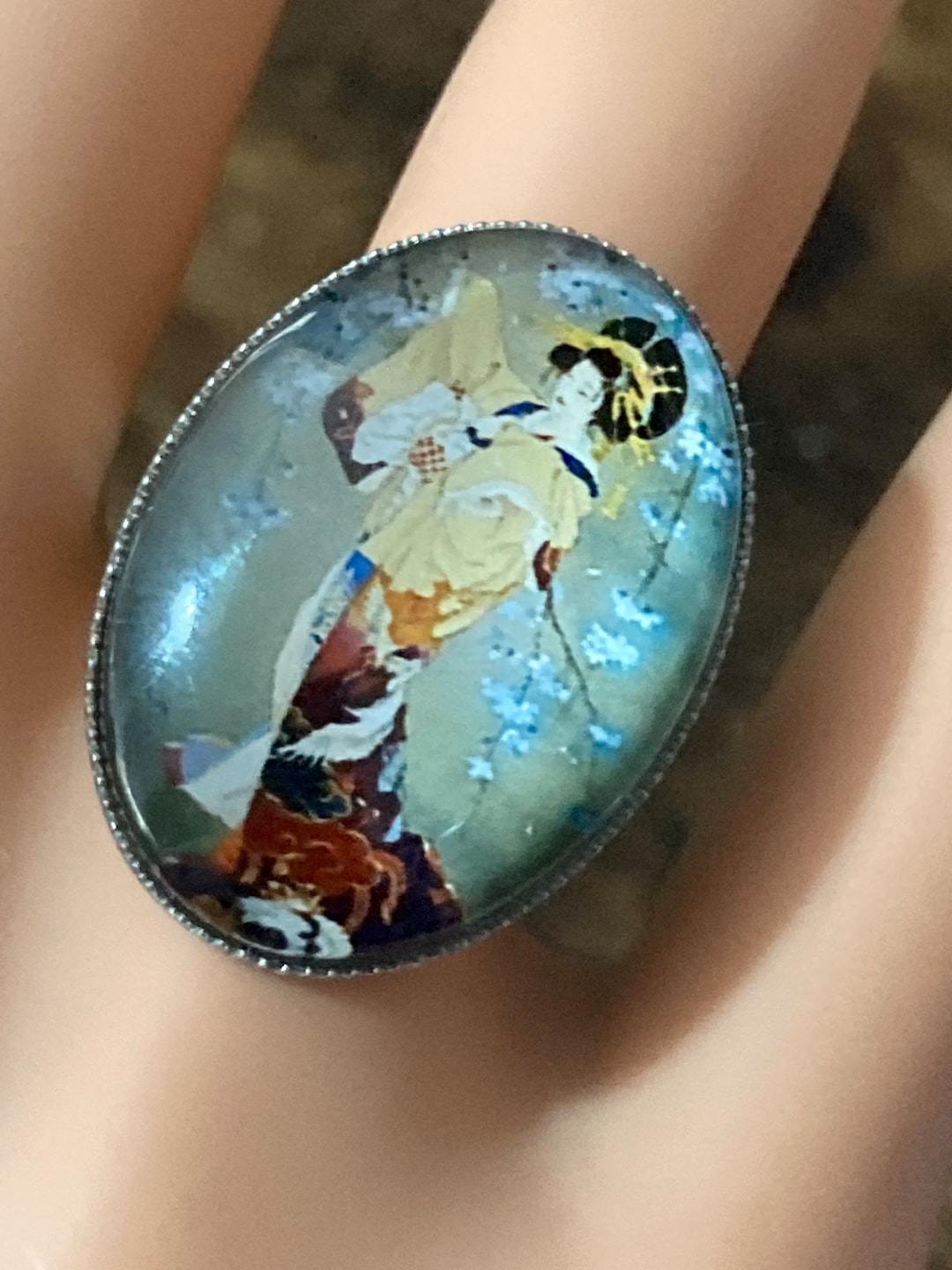 Japanese Geisha Girl Ring Oval Glass Cabochon Ring Adjustable Handmade ...