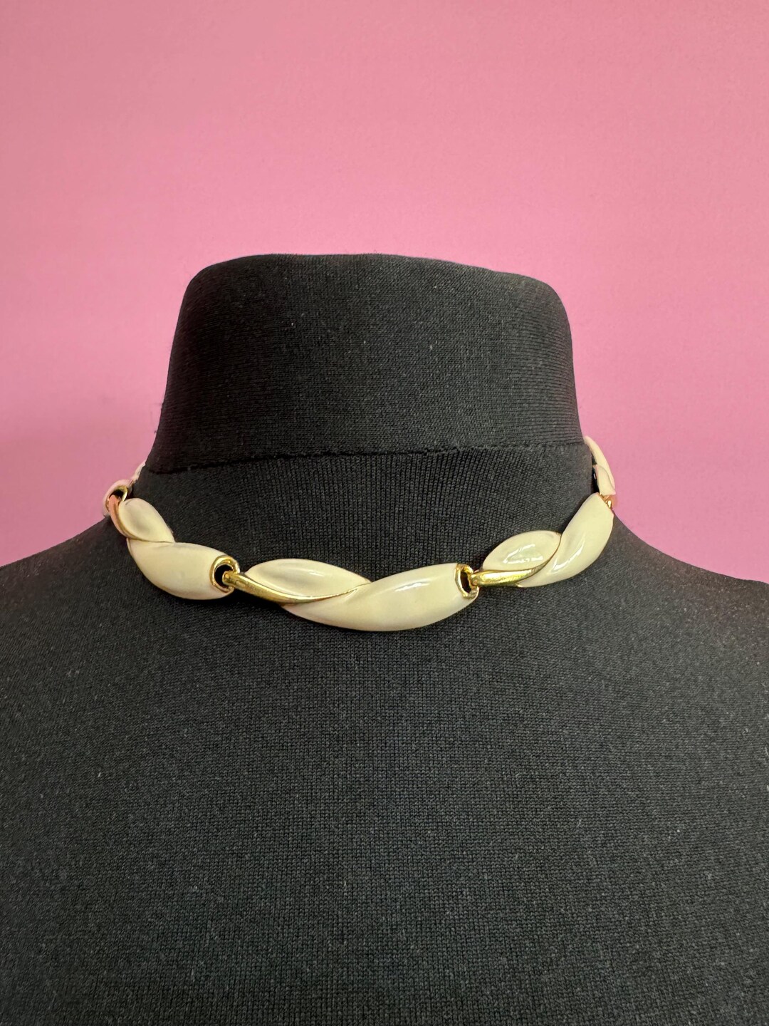 Vintage Heavy Gold Tone and Cream Enamel Panel Link Choker Necklace ...
