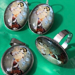 Japanese Geisha Girl Ring Oval Glass Cabochon Ring Adjustable Handmade ...