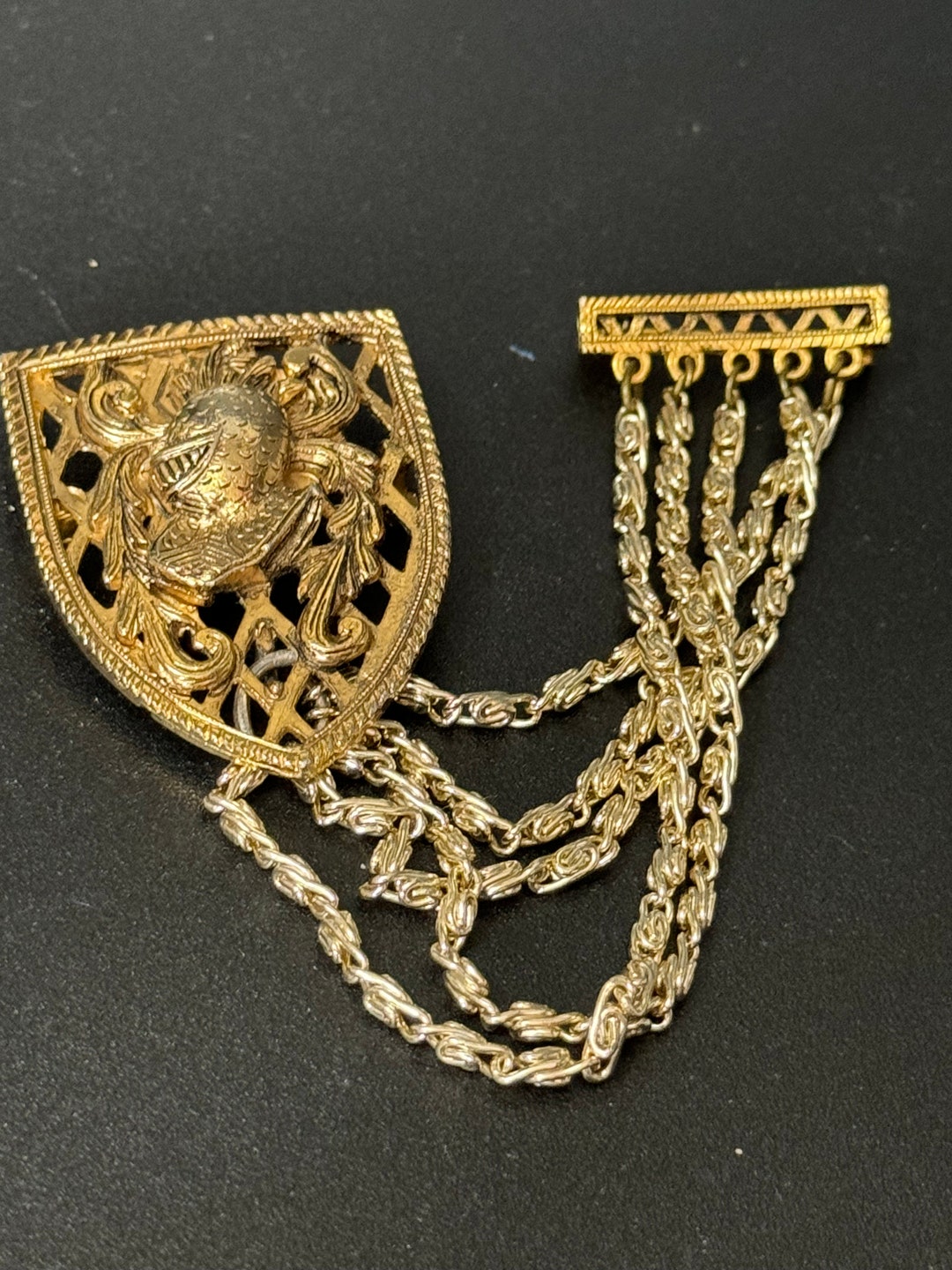 Military Crusader Gold Tone Double Brooch 1979s Chain Linked Sweater ...