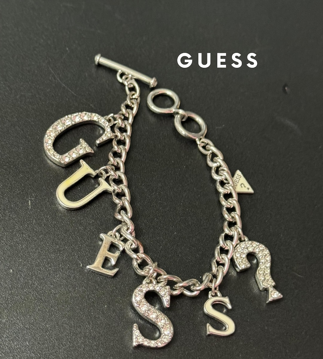 Signed Guess Retro Silver Tone Chain Link Chunky Charm Bracelet With ...