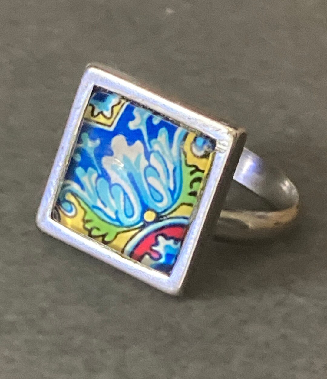 Handmade Stainless Steel Square Glass Tile Silver Dress Ring Adjustable ...