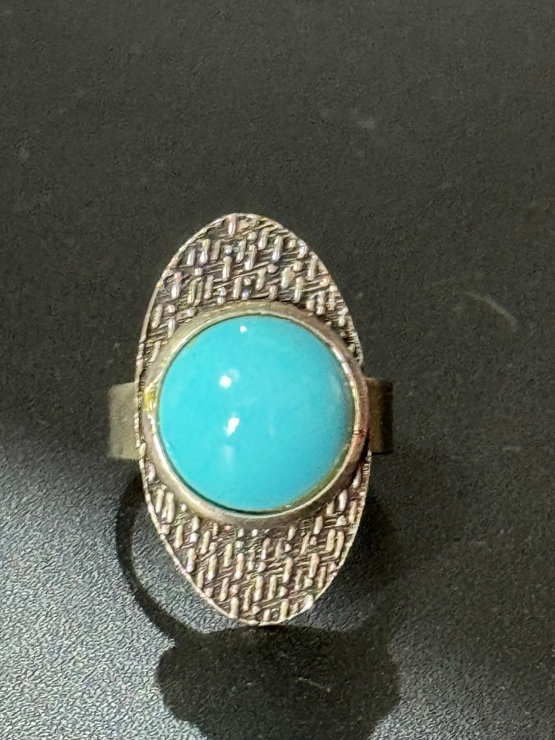 Modernist Stainless Steel Adjustable Ring, Central Turquoise Cabochon ...