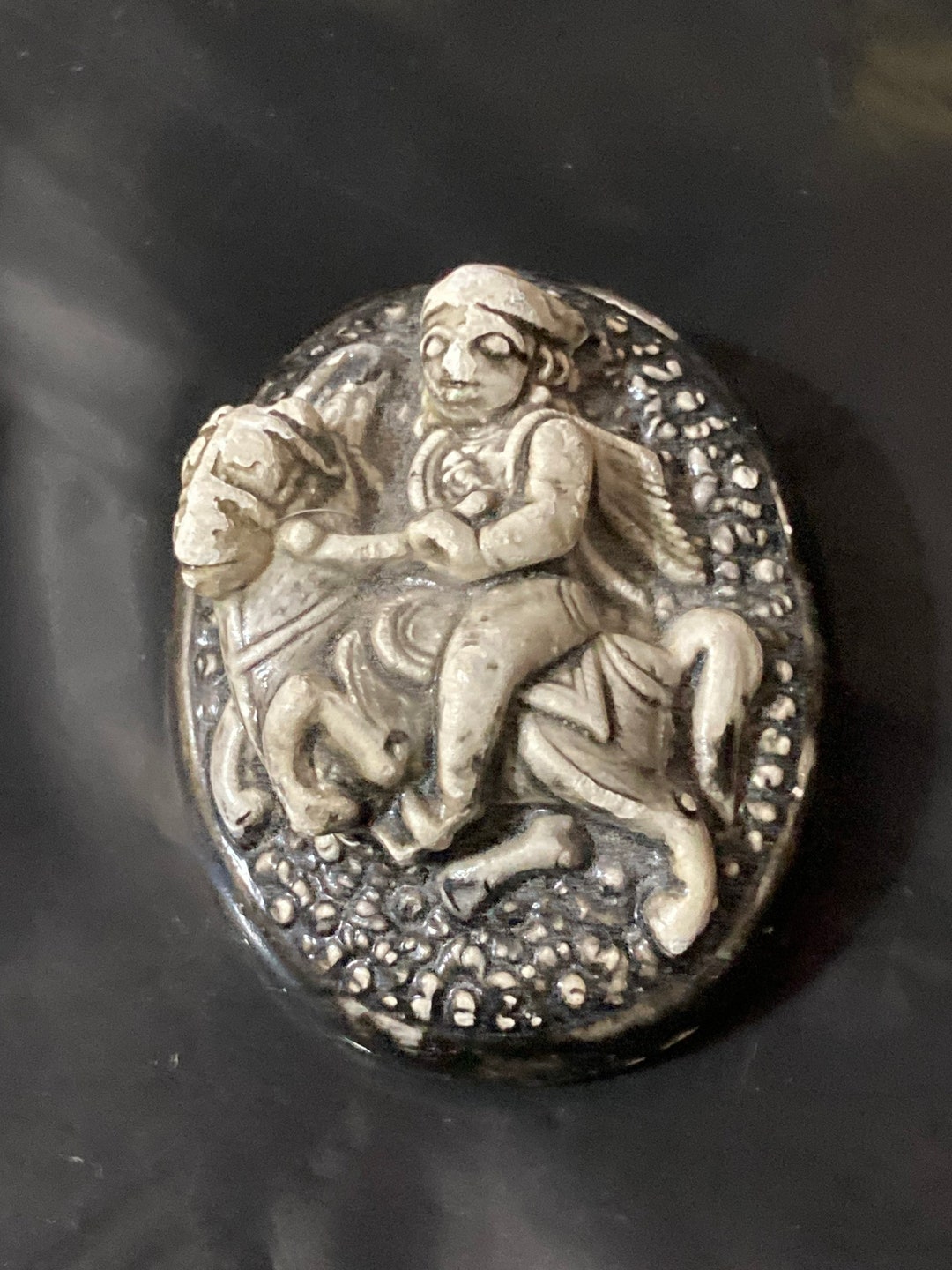 Early Plastic Oval Man on Horse Brooch, Celluloid Art Deco Large St ...