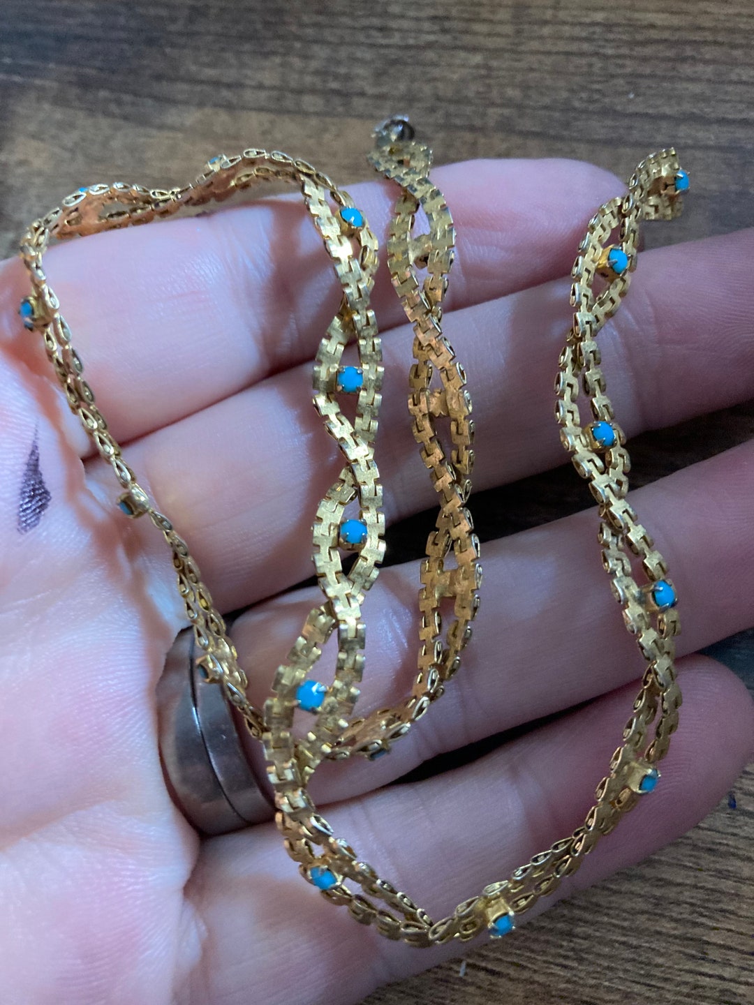 Wide Mesh Woven Twisted Choker Necklace With Turquoise Paste Stones ...