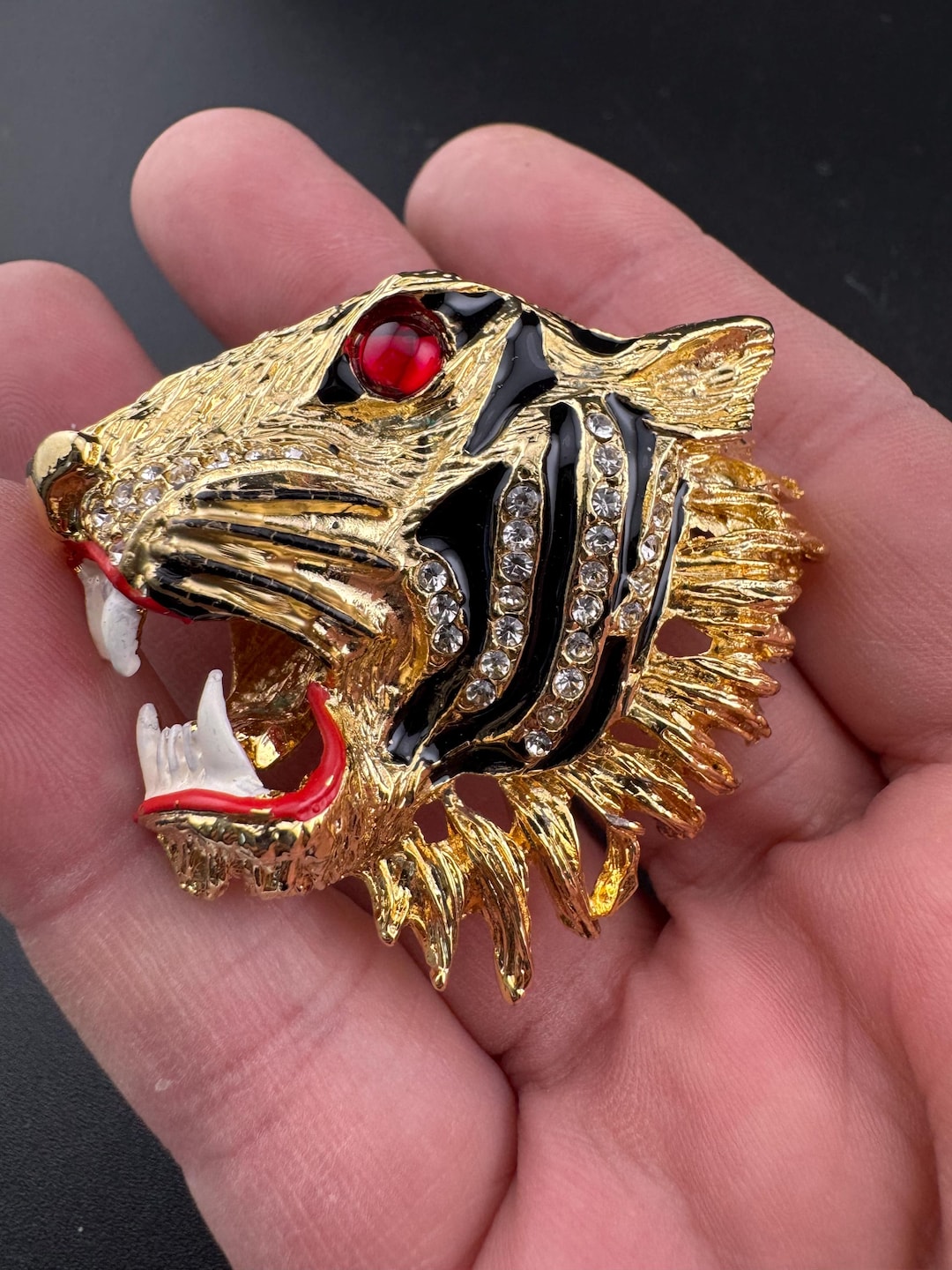 Vintage Gold Tone Tiger Brooch: Black Enamel Rhinestone Diamanté - Etsy