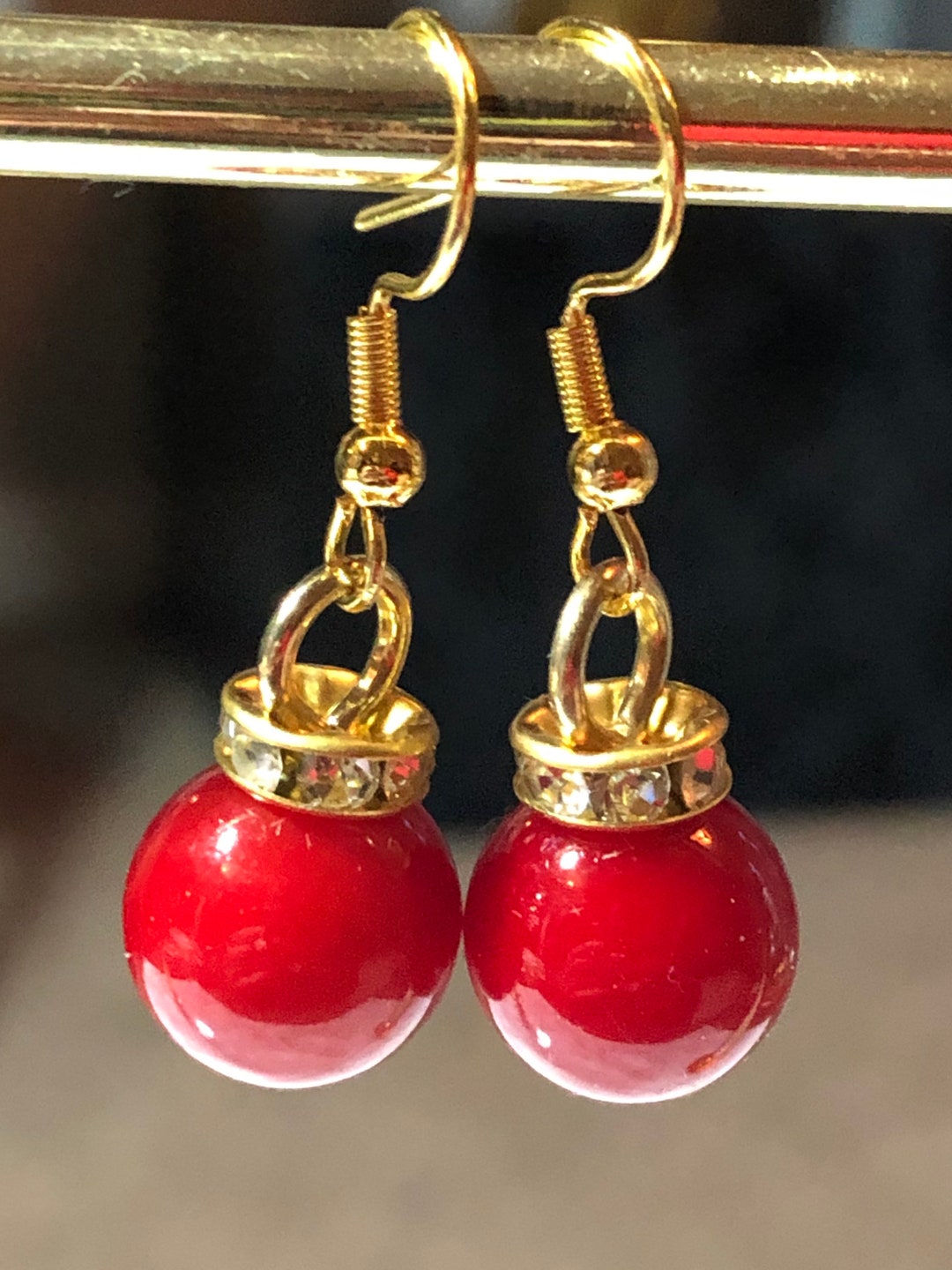 Cherry Red Christmas Bauble Small Round Gold Tone Drop Earrings With ...