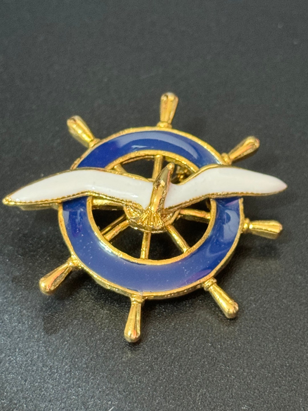 Ships Wheel Nautical Brooch, Blue Enamel With a Seagull - Etsy