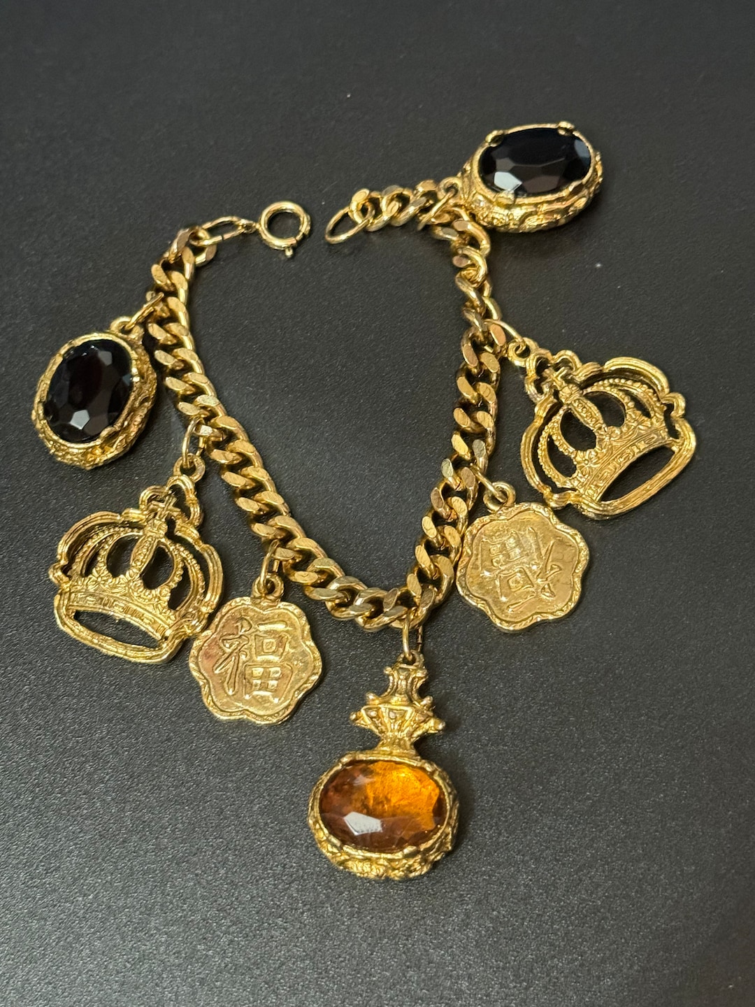 Vintage Gold Tone Chinese Chain Link Chunky Black and Citrine Charm ...
