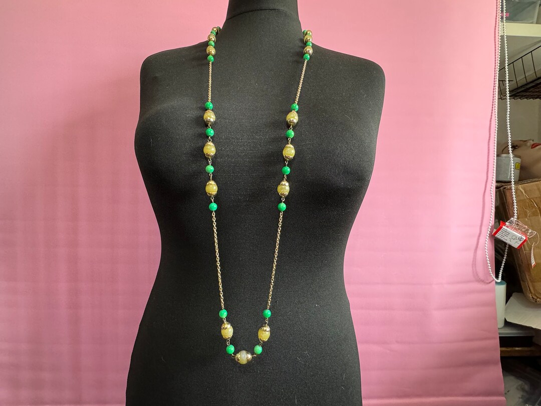 Art Deco Flapper Length Gold Tone Metal Necklace With Olive and Bright ...