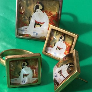 Japanese Geisha Girl Ring Oval Glass Cabochon Ring Adjustable Handmade ...