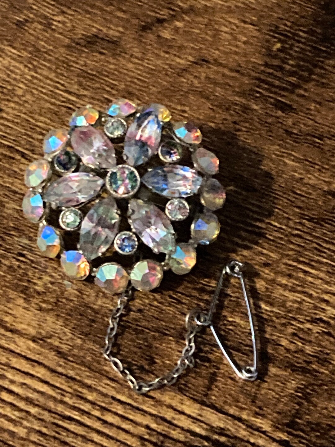 Domed AB Aurora Borealis Watermelon Glass Rhinestone Brooch Silver Tone ...