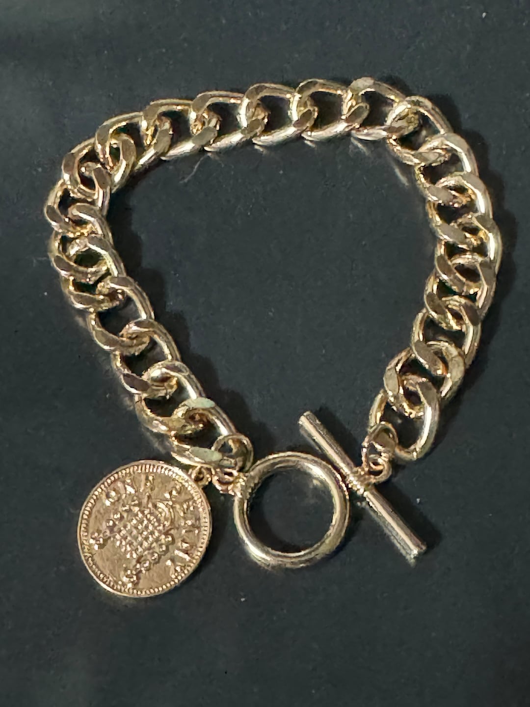 Gold Tone Chain Link Coin Bracelet, Faux Penny Charm - Etsy