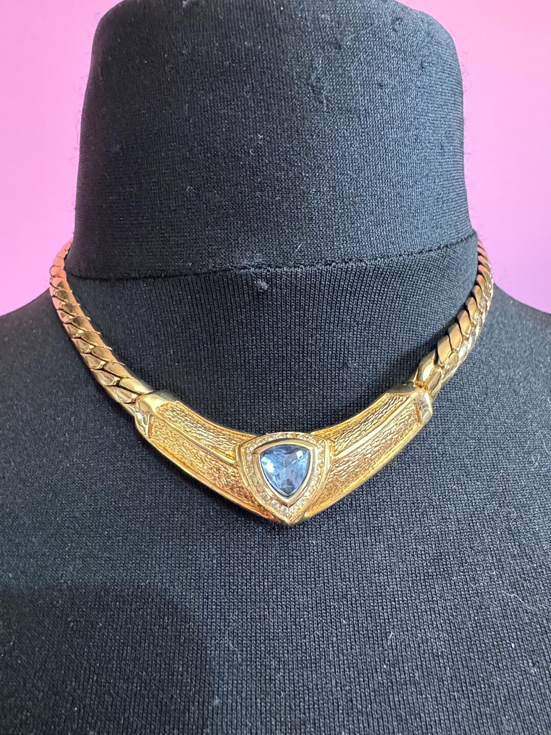 Christian Dior Blue Rhinestone Choker Necklace, Gold Plated 1980s Fully ...
